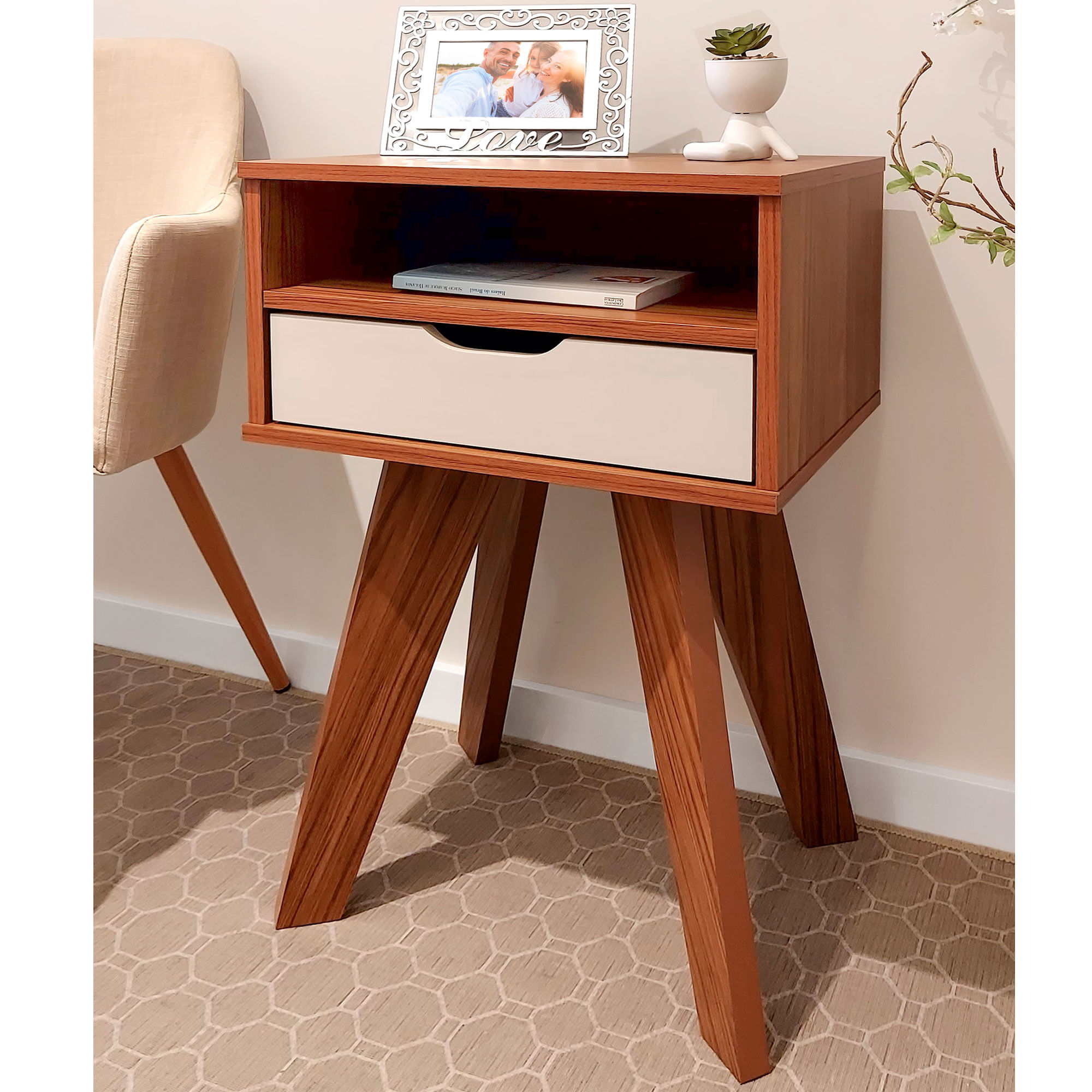 Mesa De Apoio Com 1 Gaveta e 1 Nicho Artely Vip Cor Cedro com Off White ...